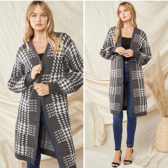 entro | Sweaters | Entro Houndstooth Plaid Patchwork Open Front Long ...